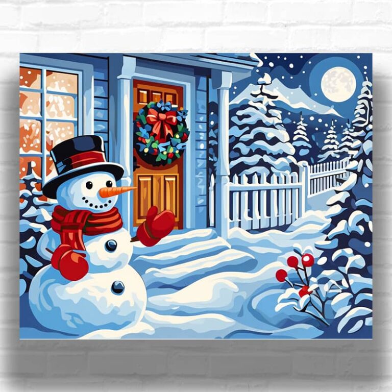 Snowman in the Moonlight Paint by Numbers Kit - Christmas Holiday Scene